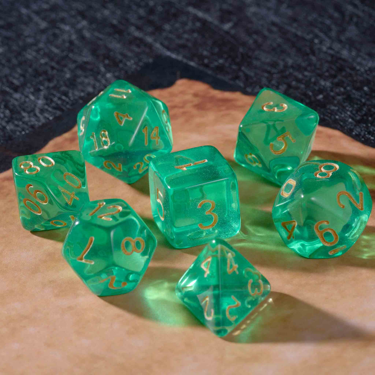 Green Transparent Acrylic Polyhedral Dice Set — Professor Plums