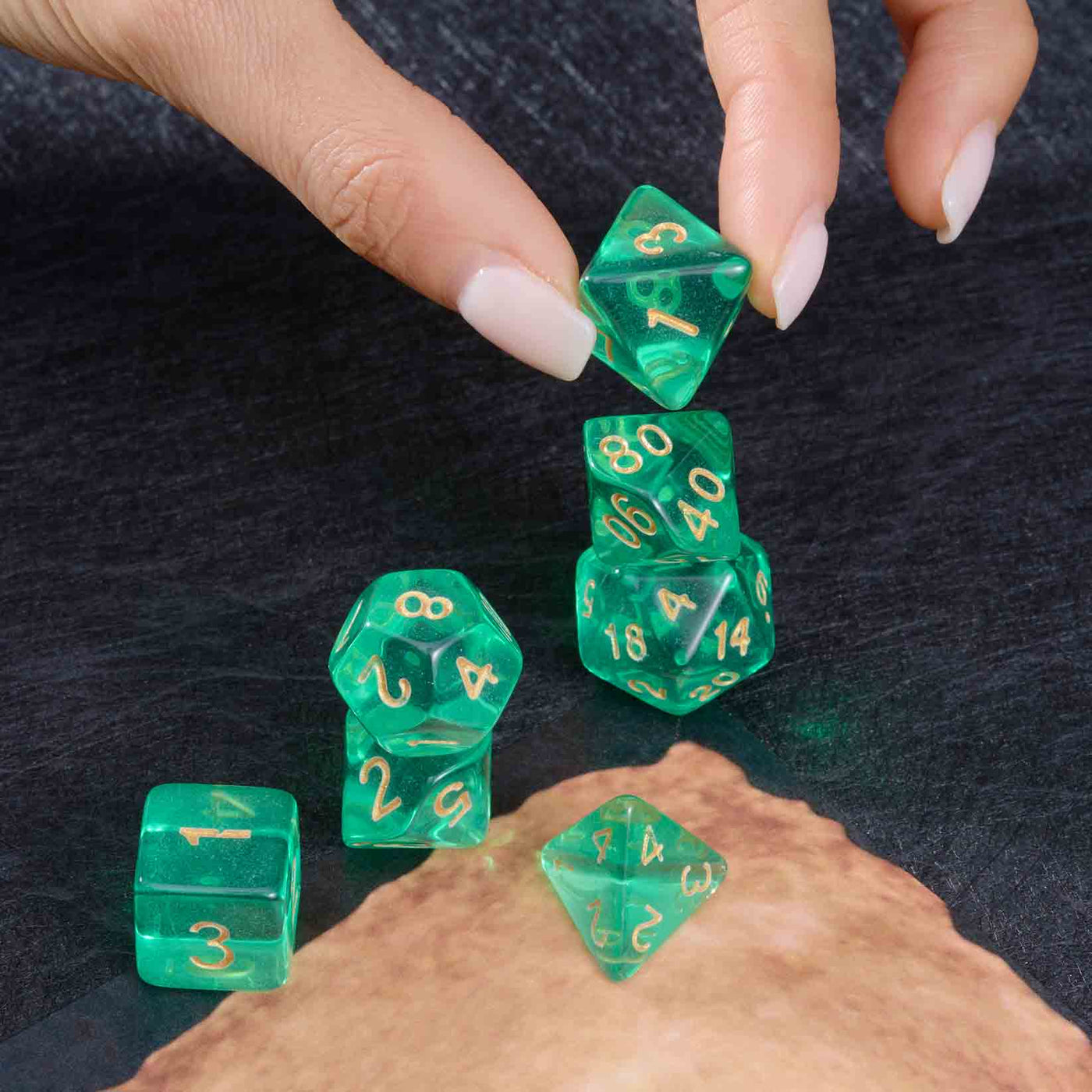 Green Transparent Acrylic Polyhedral Dice Set — Professor Plums