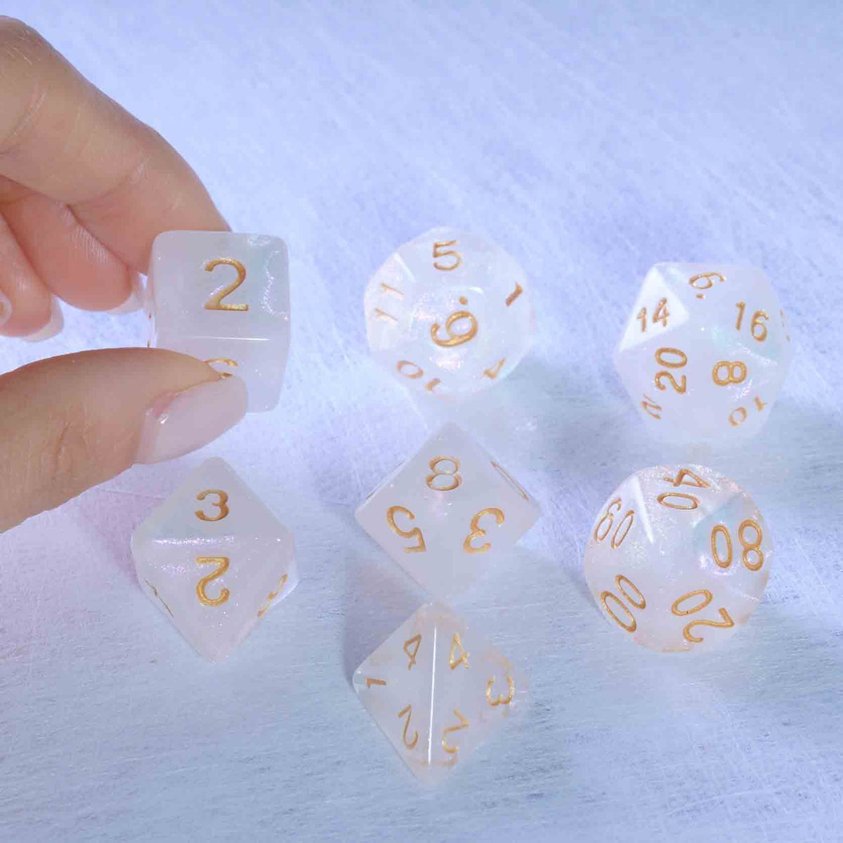 White Acrylic Polyhedral Dice Set — Professor Plums
